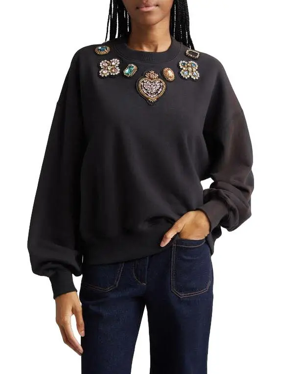 Cinq À Sept Baroque Patches Rhinestone Crewneck Sweater - Black Multi