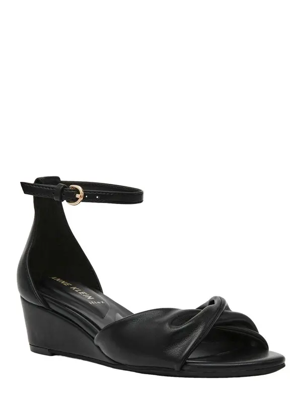 Anne Klein Whitby Ankle Strap Wedge Sandals - Black Smooth