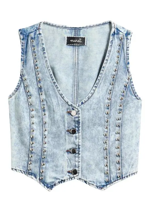 MARCI Studded Denim Vest - Washed Indigo