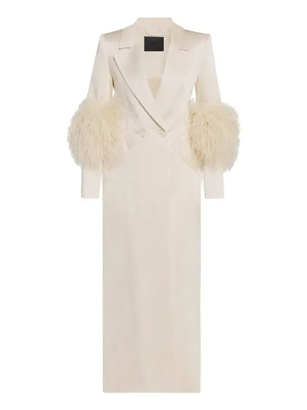 Lapointe Feather-trim Satin Double-breasted Long Coat - Cream