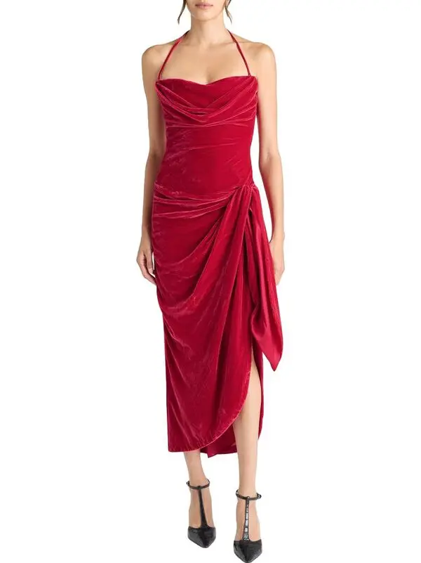 Cinq À Sept Velvet Halter Maxi Dress - Raspberry Rose