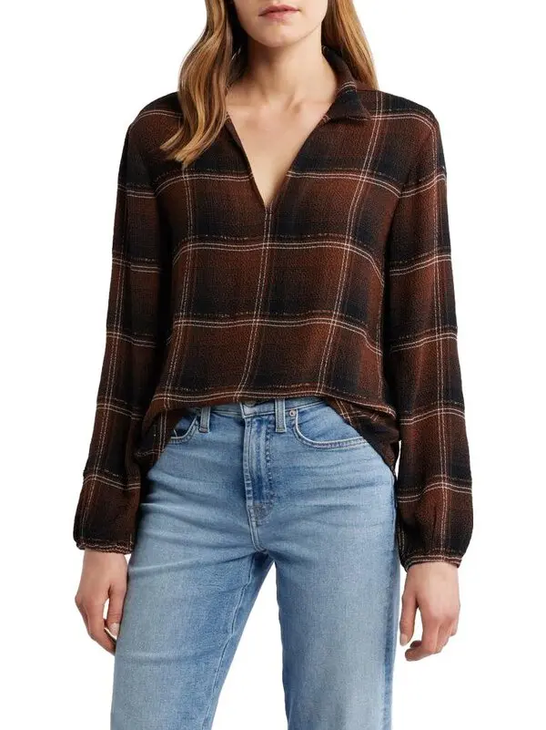 CLOTH & STONE Plaid Popover Top - Hickory Brown Plaid