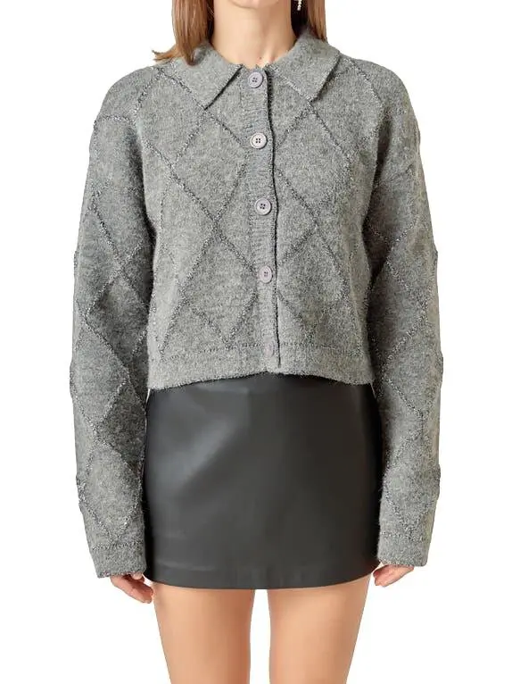 English Factory Argyle Metallic Collared Cardigan - Charcoal