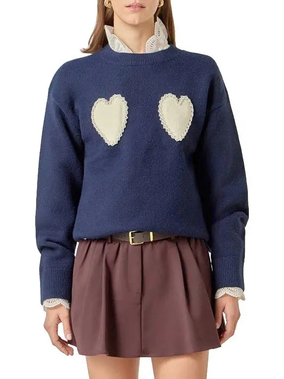 English Factory Faux Pearl Heart Crewneck Sweater - Navy
