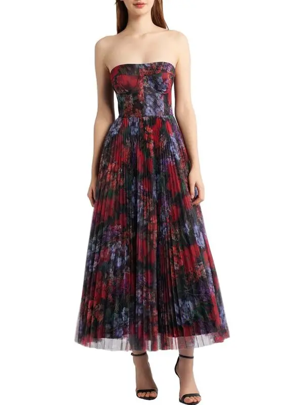 HUTCH Alba Pleated Strapless Cocktail Dress - Black Multi Winter Garden