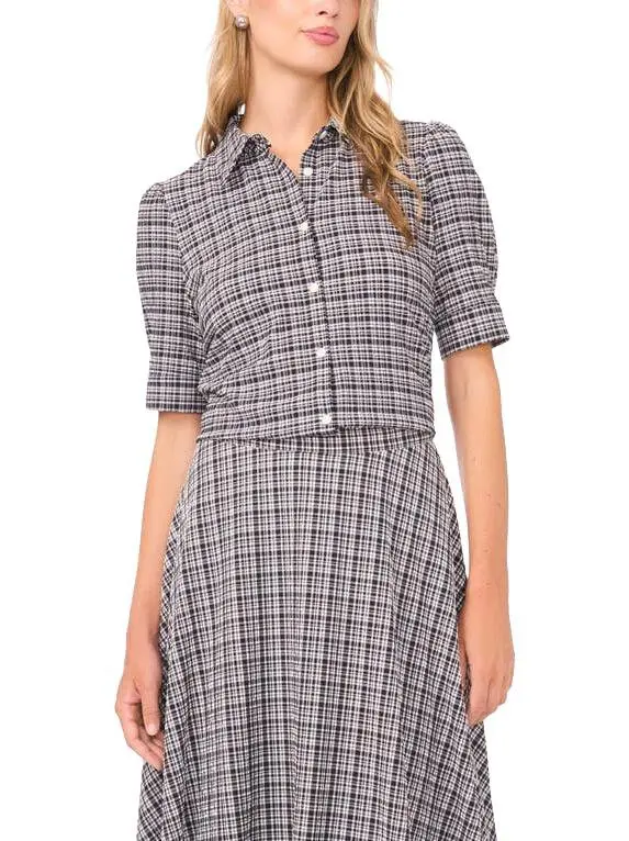 Vince Camuto Plaid Puff Sleeve Button-up Top - Rich Black