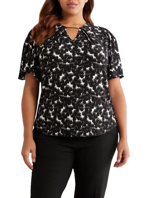 Anne Klein Printed Flutter-sleeve Top - Anne Black/white Dove