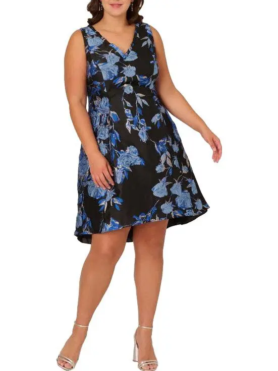 Adrianna Papell Metallic Floral High-low Dress - Blue/black Multi
