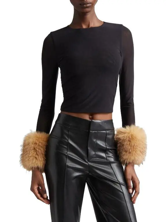Alice + Olivia Faux Fur Cuff Mesh Crop Top - Black