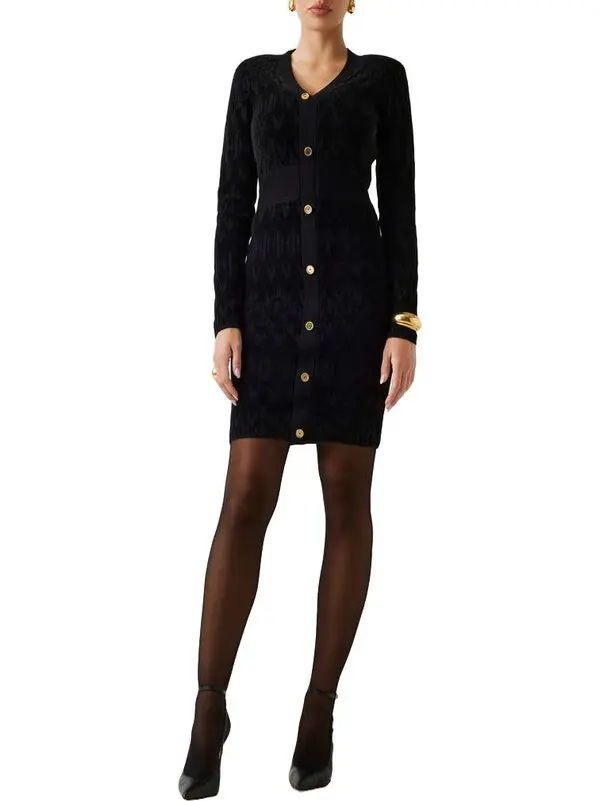 MARCIANO Adele Logo Jacquard Long Sleeve Chenille Sweater Dress - Jblack-black