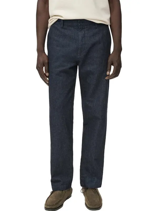 Mango Straight Fit Cotton & Linen Twill Pants - Open Blue
