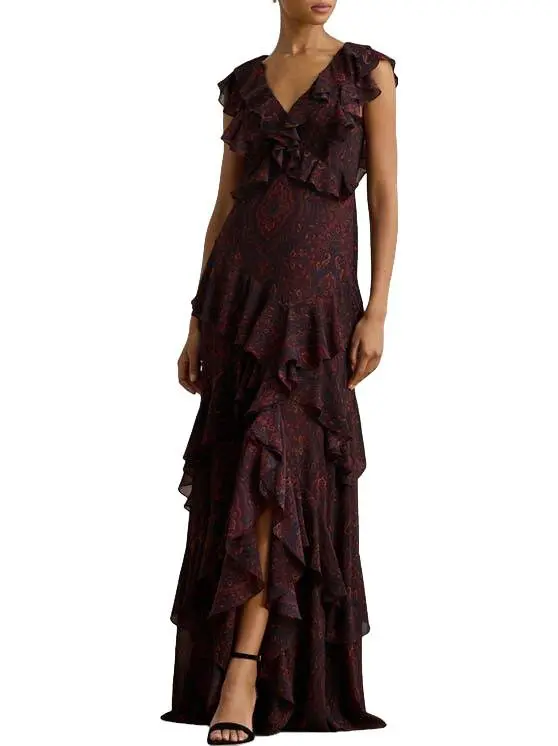 Ralph Lauren Paisley Tiered Ruffle Trim Gown - Dark Garnet Multi