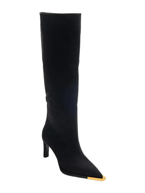 PROLOGUE SHOES Pointed Toe Knee High Boots - Black Suede Faux Leather