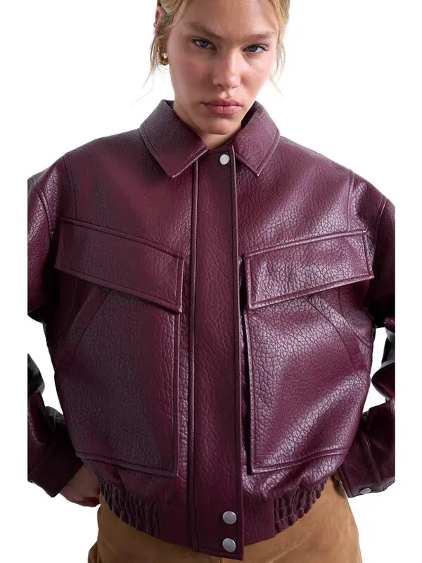 Topshop Boxy Faux Leather Jacket - Burgundy