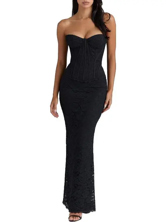 House Of Cb Lace-up Strapless Lace Corset Gown - Black