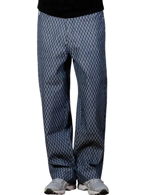 PLEASURES Formula Check Baggy Wide Leg Jeans - Indigo Checker