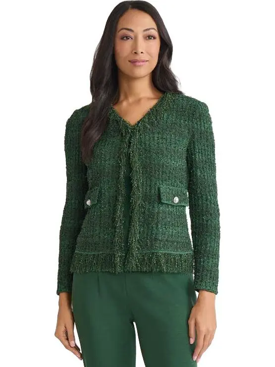 Misook Tailored Knit Jacket With Eyelash Fringe Trim - Green