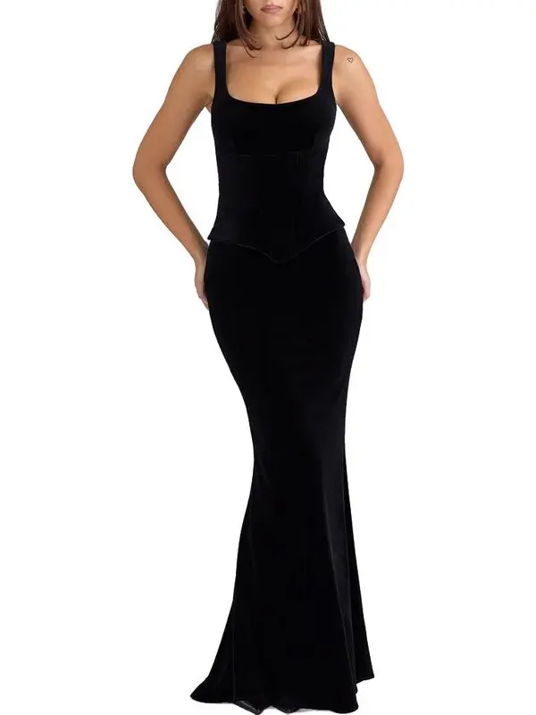 House Of Cb Yasmina Stretch Velvet Corset Gown - Black