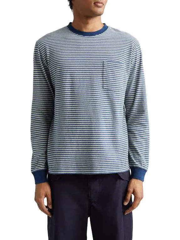 BEAMS Indigo Stripe Pocket T-shirt - Off White