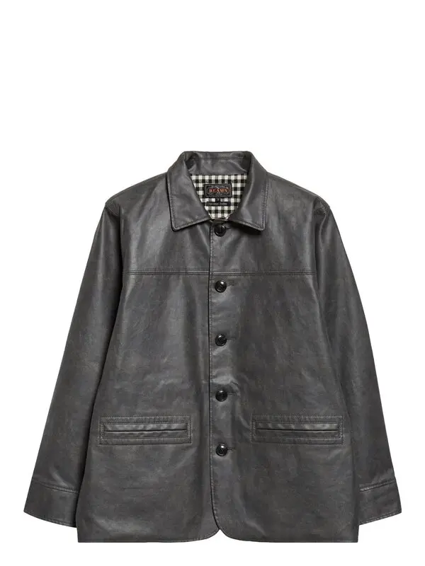 BEAMS Aged Faux Leather Car Coat - Black
