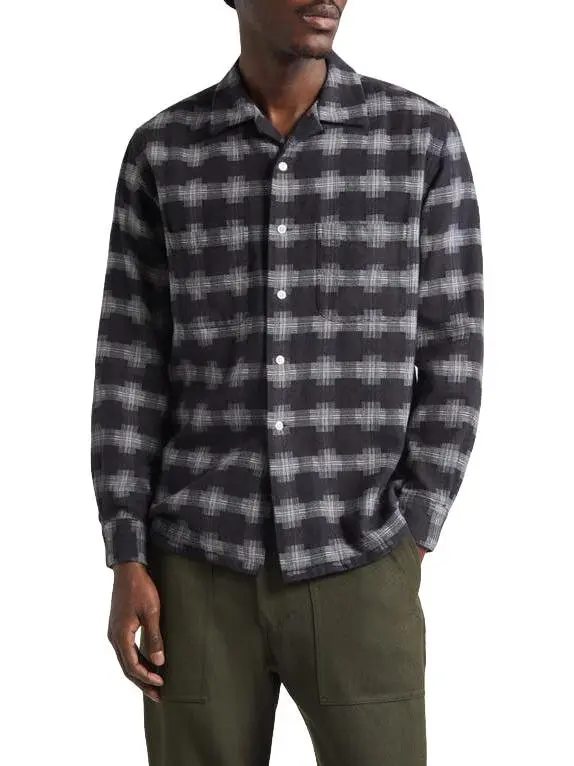 BEAMS Open Collar Brushed Plaid Flannel Button-up Shirt - Black