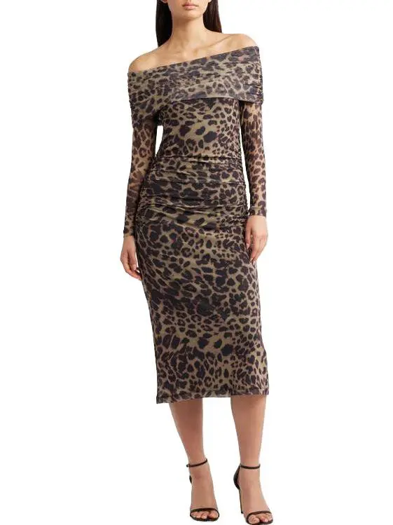 ICHI Ihparda Print Off-the-shoulder Midi Dress - Leopard
