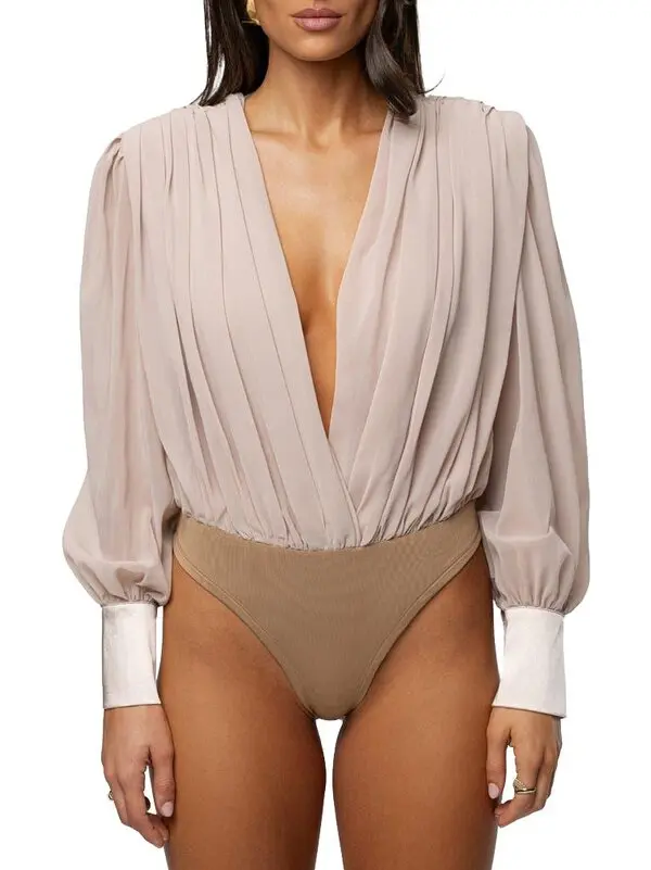 JLUXLABEL Pleated Long Sleeve Bodysuit - Beige