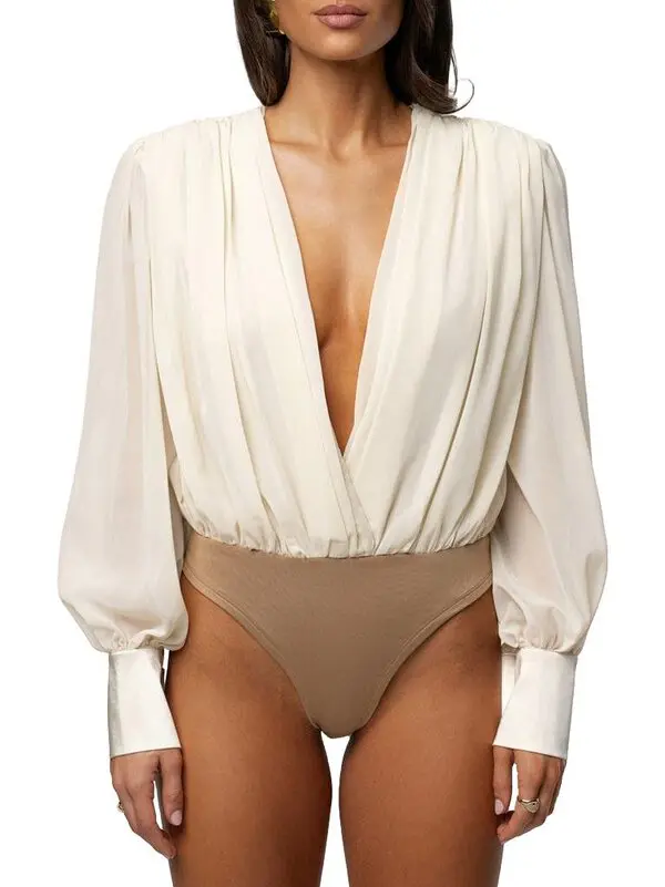 JLUXLABEL Pleated Long Sleeve Bodysuit - Ivory