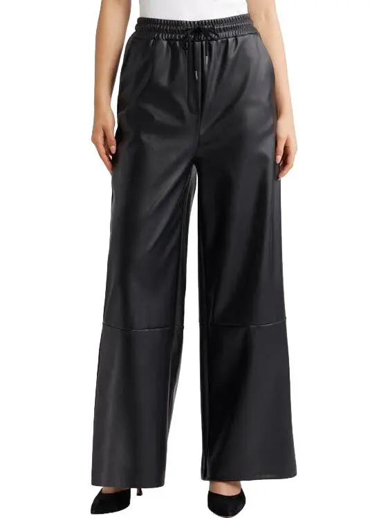 ICHI Ihzoma Faux Leather Wide-leg Pants - Black