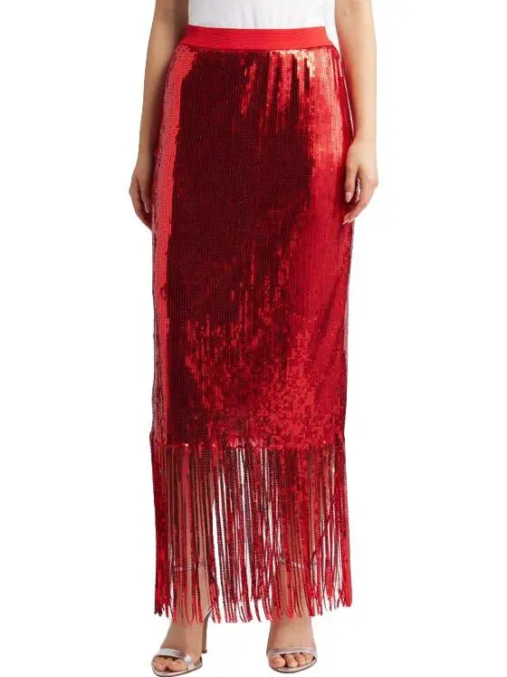 ICHI Ihmollia Sequin Fringe Skirt - Red