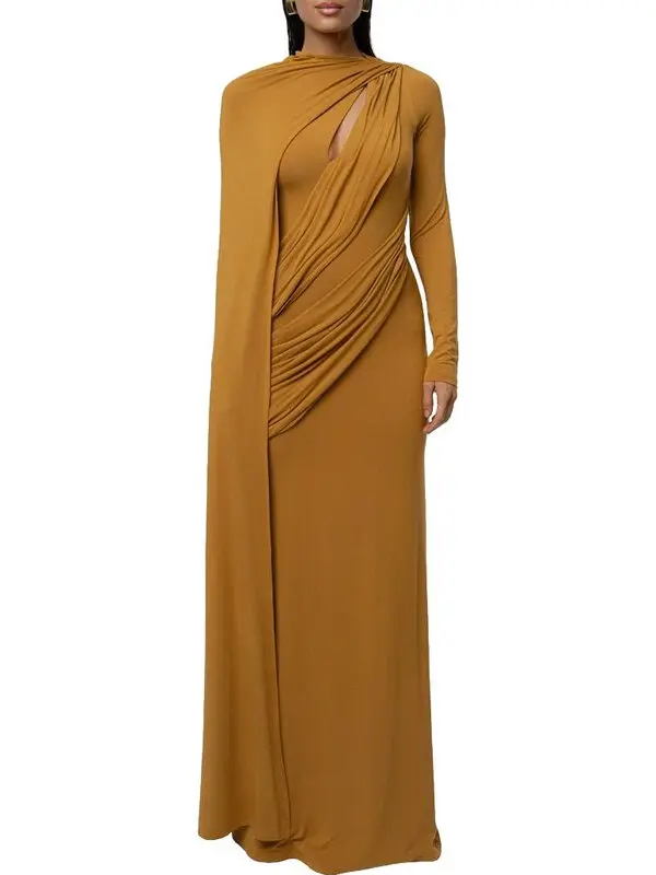 JLUXLABEL Draped Long Sleeve Gown - Gold