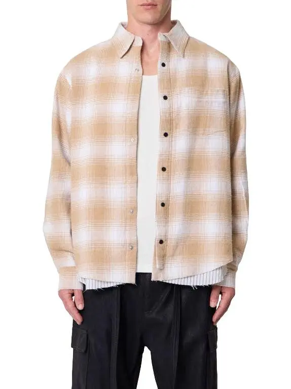 Mnml Oversize Plaid Double Layered Cotton Flannel Snap-up Overshirt - Tan