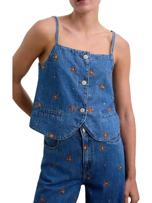 SCALPERS Embroidered Floral Vest - Indigo