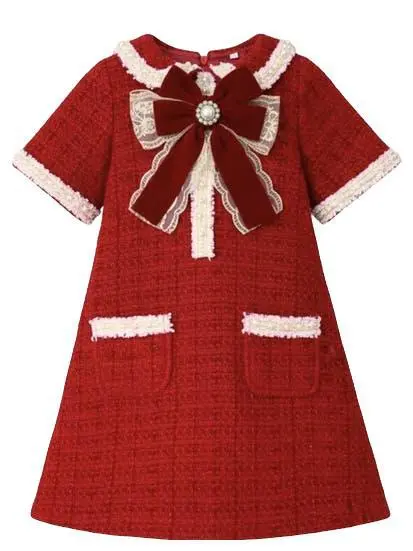 MIA BELLE GIRLS Tweed Dress With Bow Accent - Burgundy