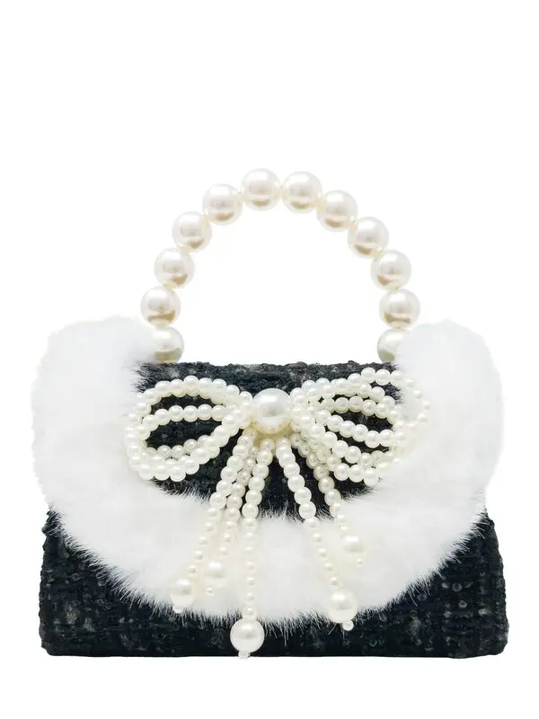PUTTISU Handbag With Pearl Ribbon And Faux-fur Trim - Noir Tweed