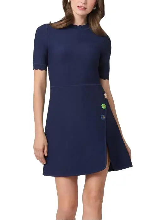 Shoshanna Celeste Flower Embellished Knit Dress - Navy