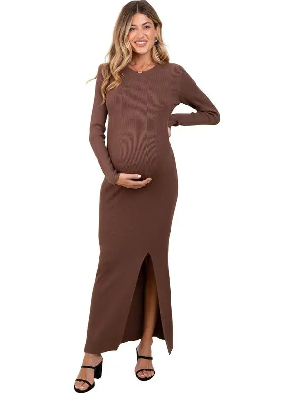 PINKBLUSH Ribbed Knit Long Sleeve Side Slit Maxi Dress - Mocha