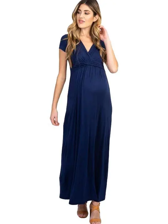 PINKBLUSH Draped Maternity/nursing Maxi Dress - Navy Blue