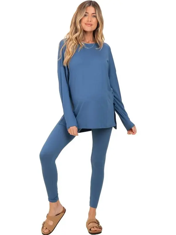 PINKBLUSH Brushed Knit Oversized Top And Legging Set - Light Blue