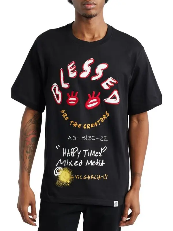 VIC GARCIA WORLD Blessed Embroidered Cotton Graphic T-shirt - Black