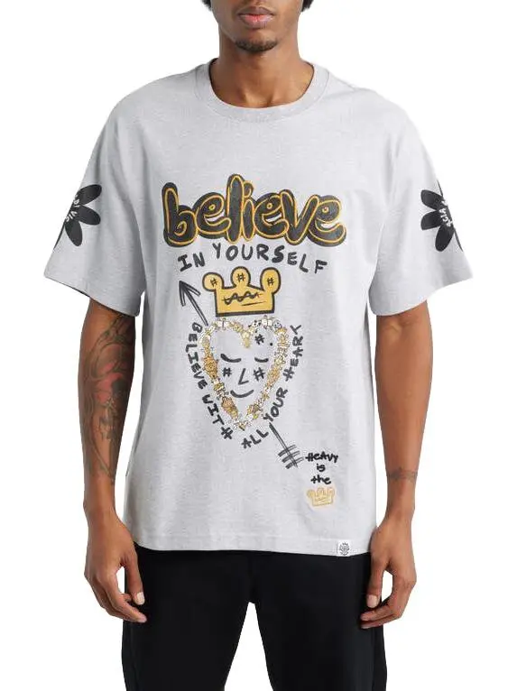 VIC GARCIA WORLD Believe In You Embroidered Graphic T-shirt - Heather Gray
