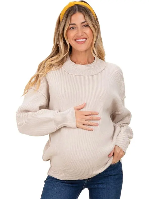 PINKBLUSH Wide Neck Drop Shoulder Sweater - Beige