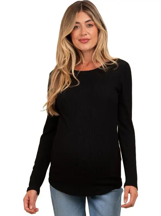 PINKBLUSH Ribbed Scoop Neck Long Sleeve Top - Black