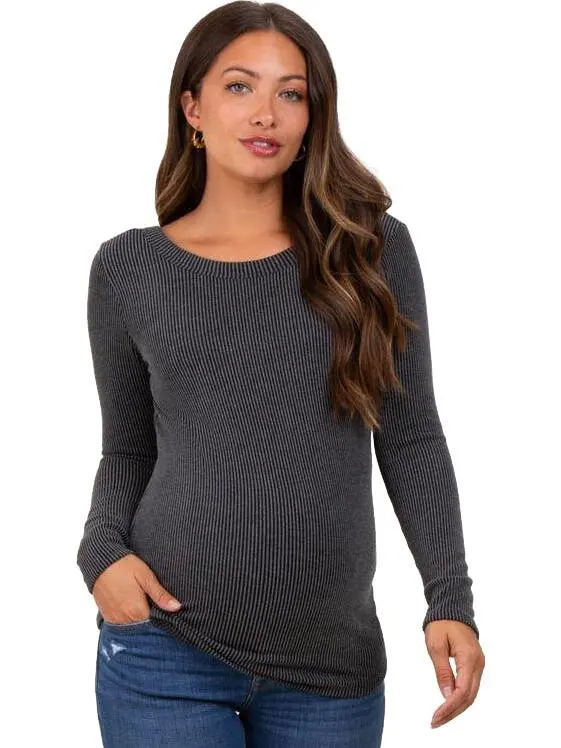 PINKBLUSH Ribbed Scoop Neck Long Sleeve Top - Charcoal Grey