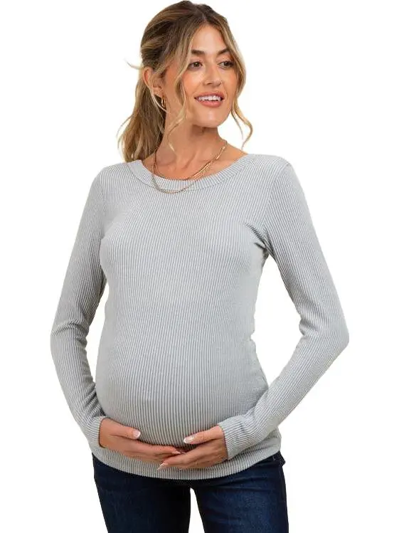PINKBLUSH Ribbed Scoop Neck Long Sleeve Top - Silver