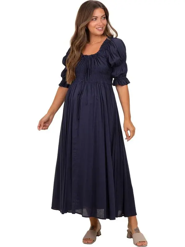 PINKBLUSH Smocked Ruffle Square Neck Midi Dress - Navy Blue
