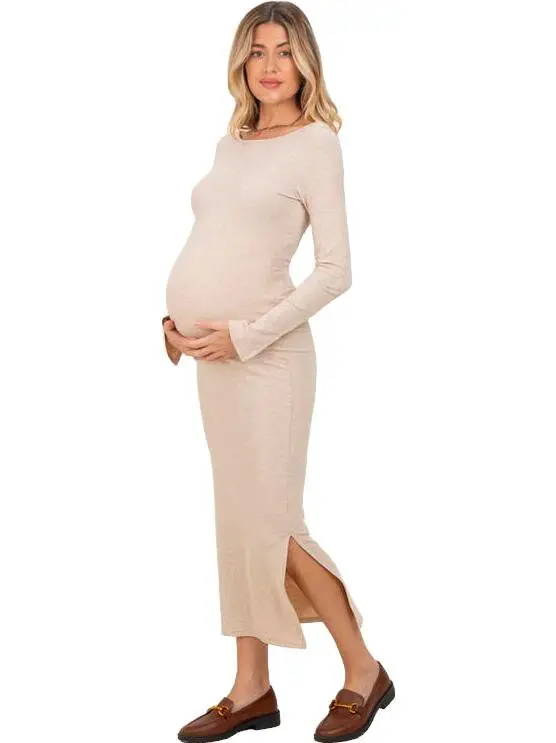 PINKBLUSH Long Sleeve Maternity Maxi Dress - Beige