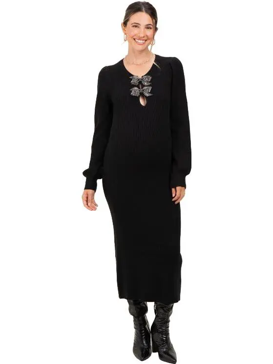 PINKBLUSH Ribbed Bow Detail Maternity Midi Sweater Dress - Black