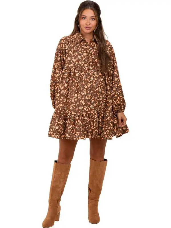 PINKBLUSH Floral Print Shirred Shirt Dress - Brown