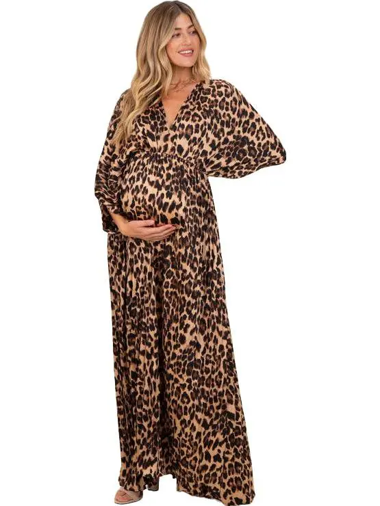 PINKBLUSH Leopard Pleated V Neck Satin Maternity Maxi Dress - Brown